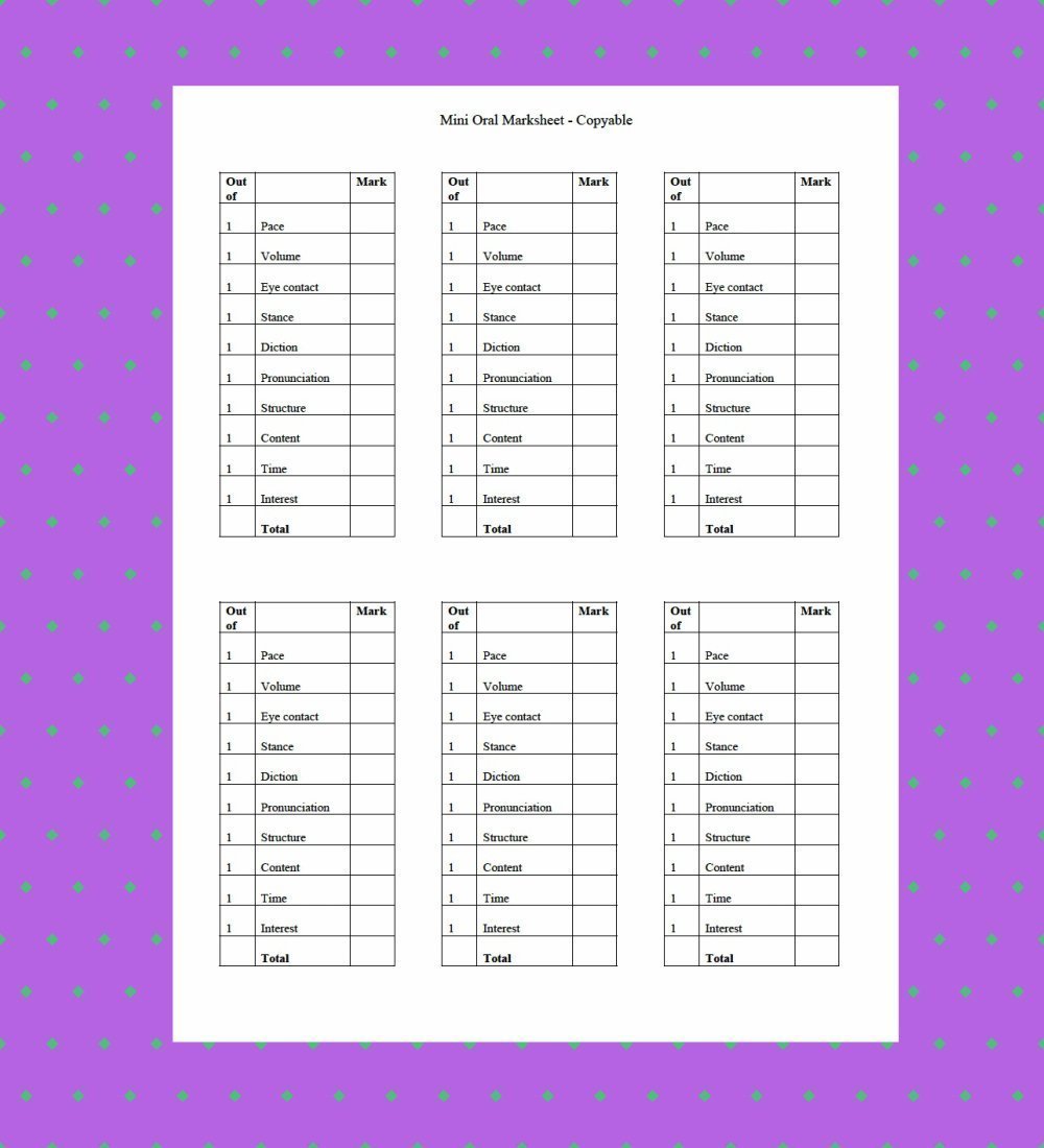Mini Oral Mark-sheet - For Copying. | We Teach Well